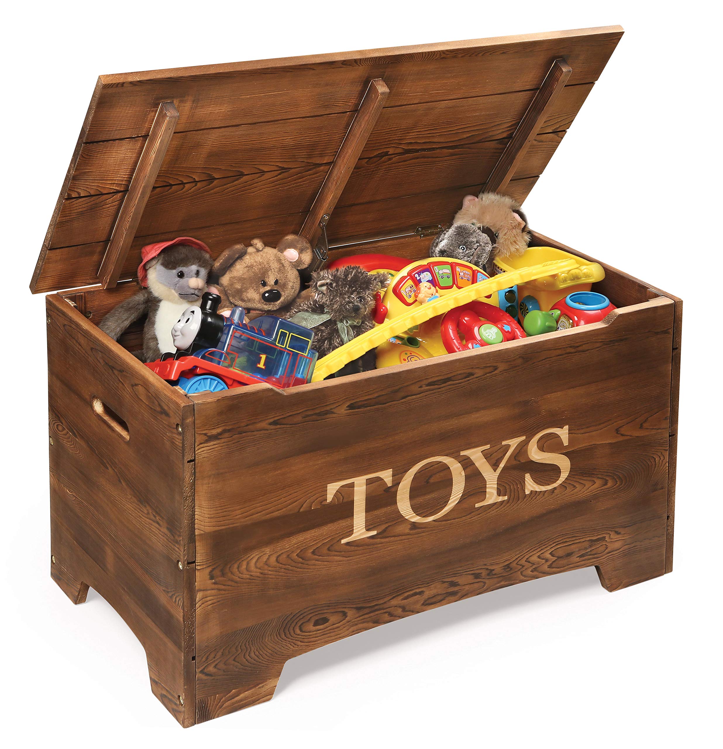 Badger Basket Farmhouse Solid Wood Rustic Toy Box with Reversible "Toys" Panel - Caramel Brown