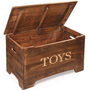 Badger Basket Farmhouse Solid Wood Rustic Toy Box with Reversible "Toys" Panel - Caramel Brown