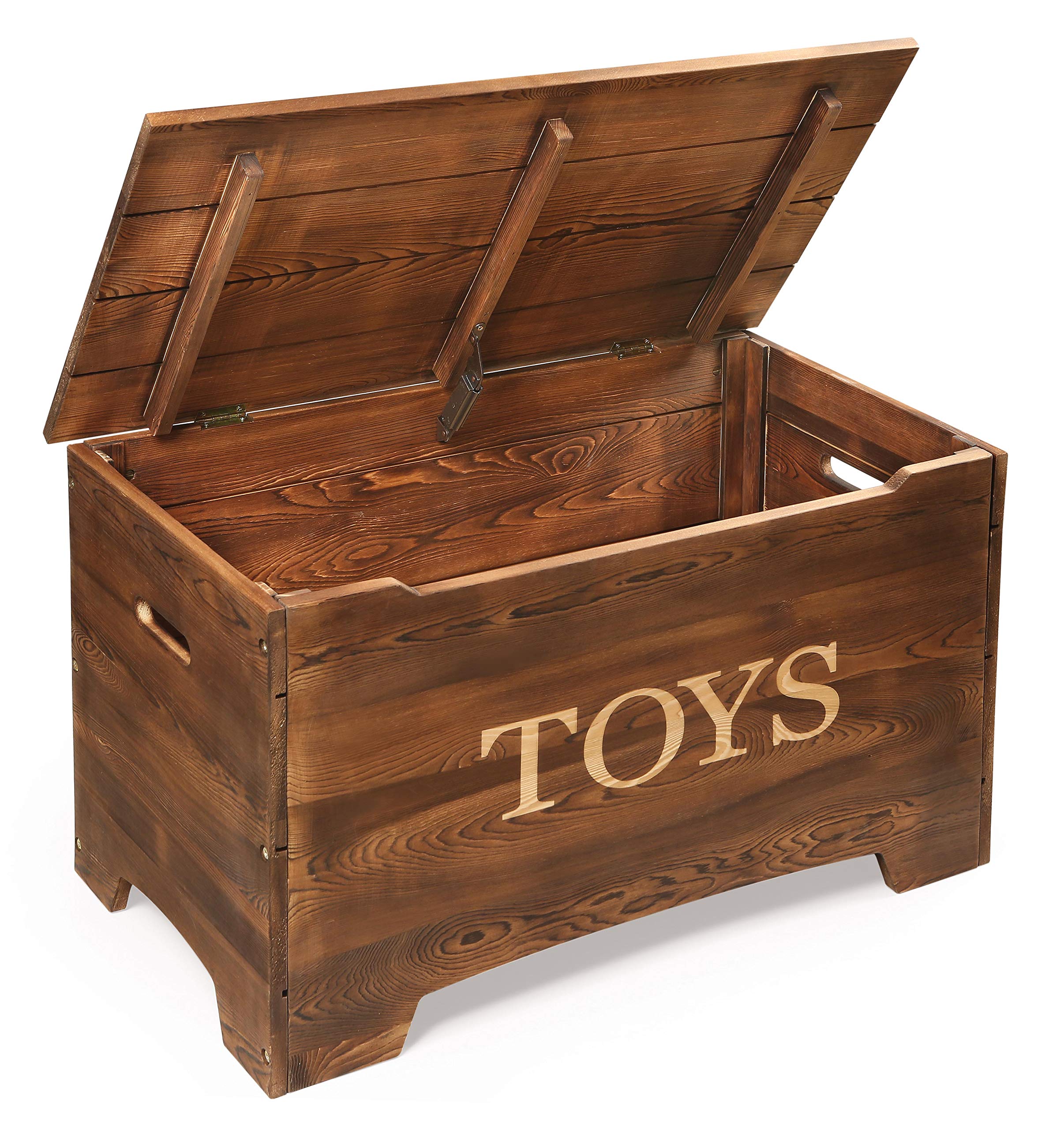 Badger Basket Farmhouse Solid Wood Rustic Toy Box with Reversible "Toys" Panel - Caramel Brown