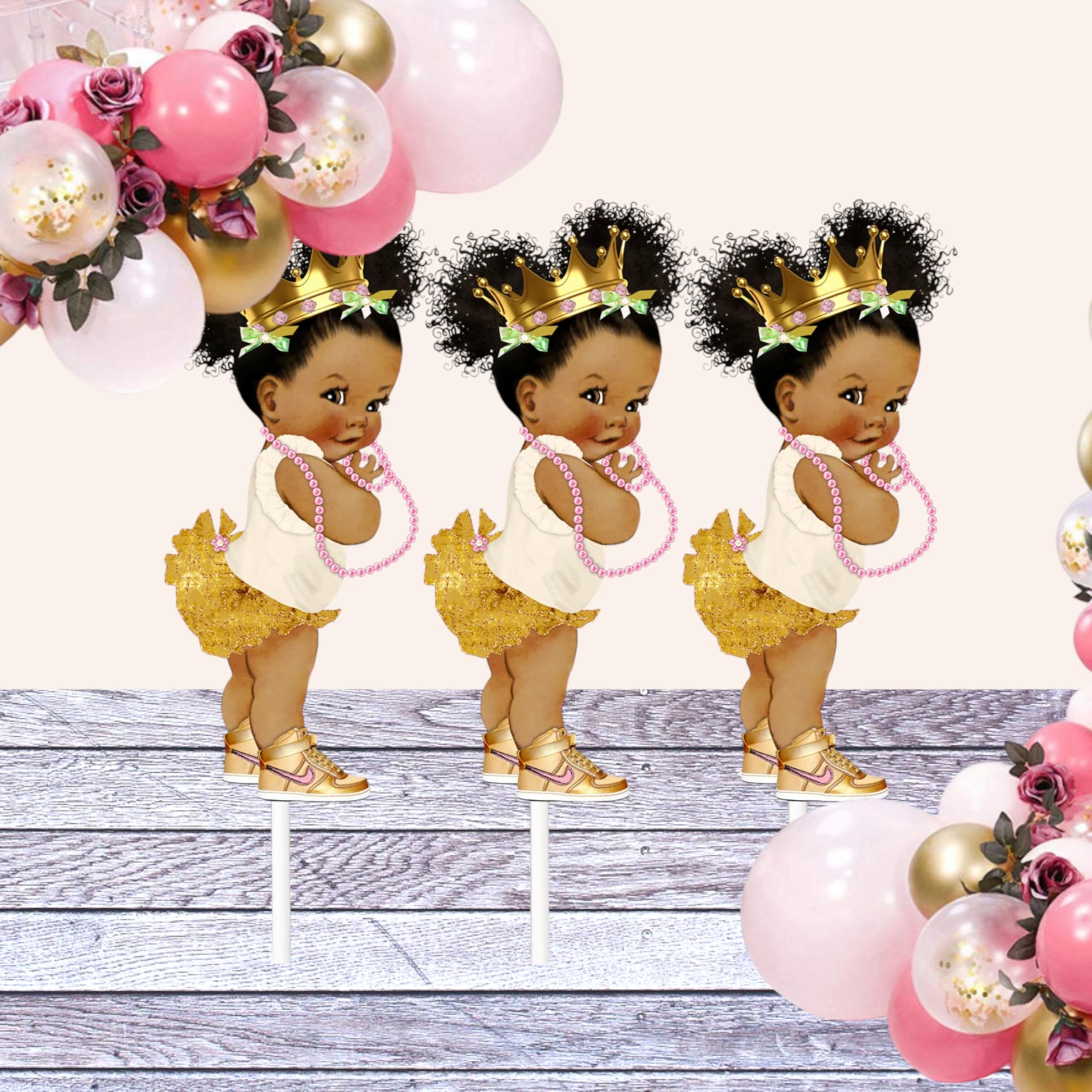 Little Gold Princess Table Decoration Centerpieces, Set of 3 African American Princess Royal Birthday Cake Centerpieces