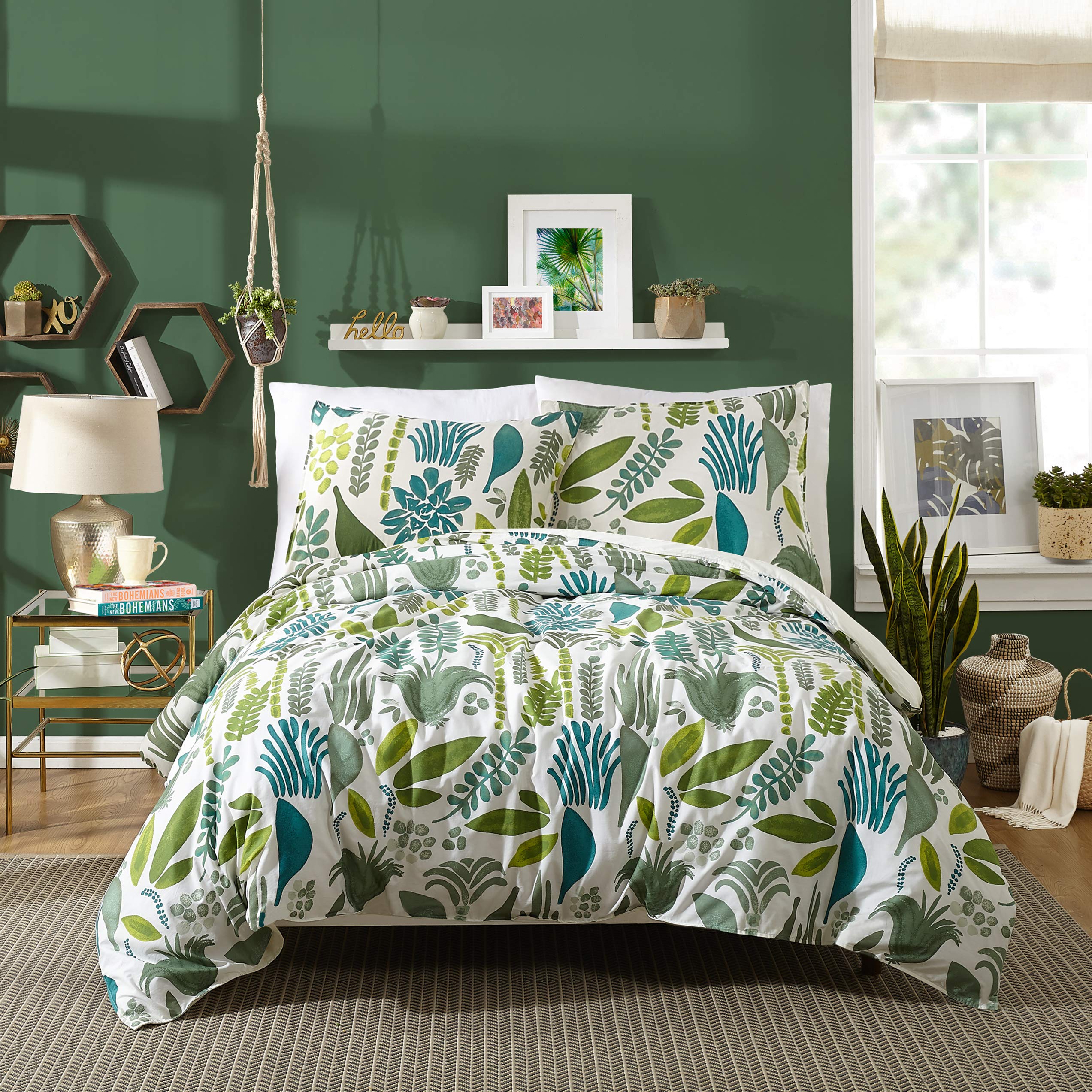 Jungalow Jardin 3-Piece 100% Cotton Botanical Duvet Cover Set - King, Green