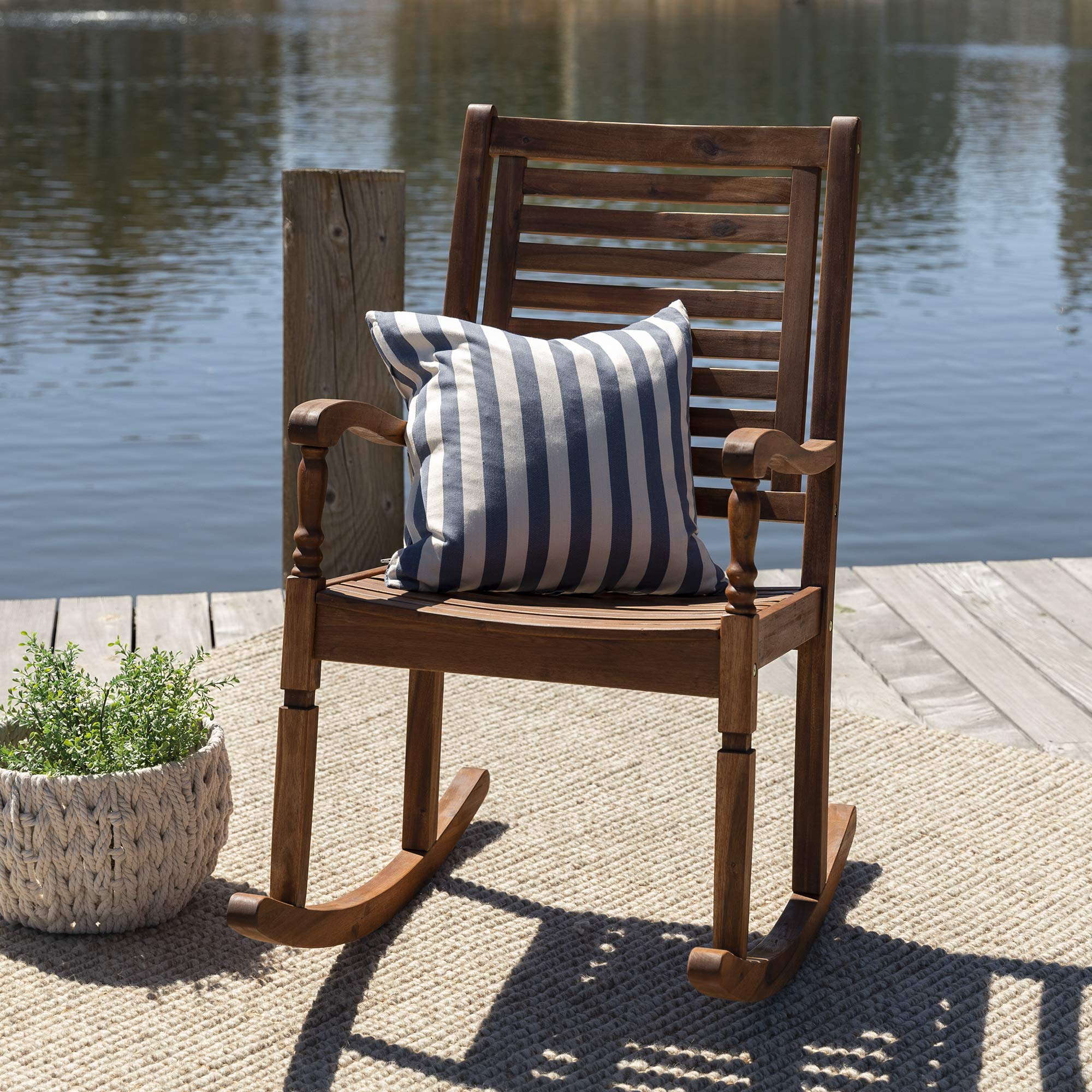 Walker Edison Montego Traditional Acacia Wood Slat Back Patio Rocking Chair, 42 Inch, White Wash