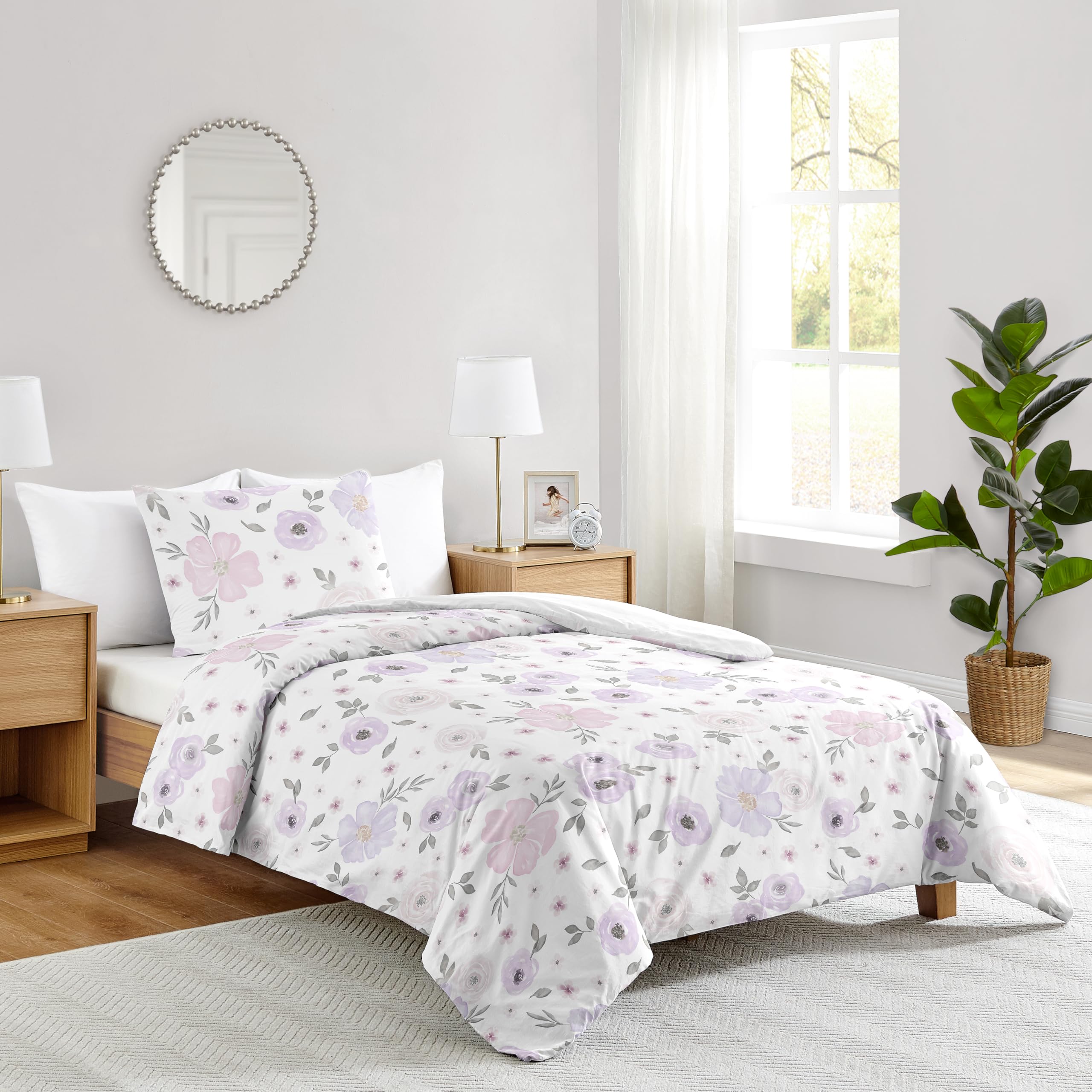 Sweet Jojo Designs Lavender Purple, Pink, Grey and White Shabby Chic Watercolor Floral Girl Twin Kid Childrens Bedding Comforter Set - 4 Pieces - Rose Flower