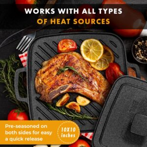 Bruntmor 2-in-1 Pre-Seasoned Cast Iron Reversible Griddle Grill Pan with Heavy Grill Press - 10 x 10 Inches Square Pan for Stove Top and Oven Cooking - Durable Grip Handle for Easy Use - Black