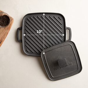 Bruntmor 2-in-1 Pre-Seasoned Cast Iron Reversible Griddle Grill Pan with Heavy Grill Press - 10 x 10 Inches Square Pan for Stove Top and Oven Cooking - Durable Grip Handle for Easy Use - Black