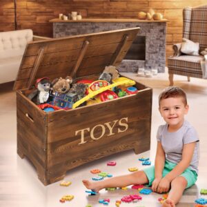 Badger Basket Farmhouse Solid Wood Rustic Toy Box with Reversible "Toys" Panel - Caramel Brown