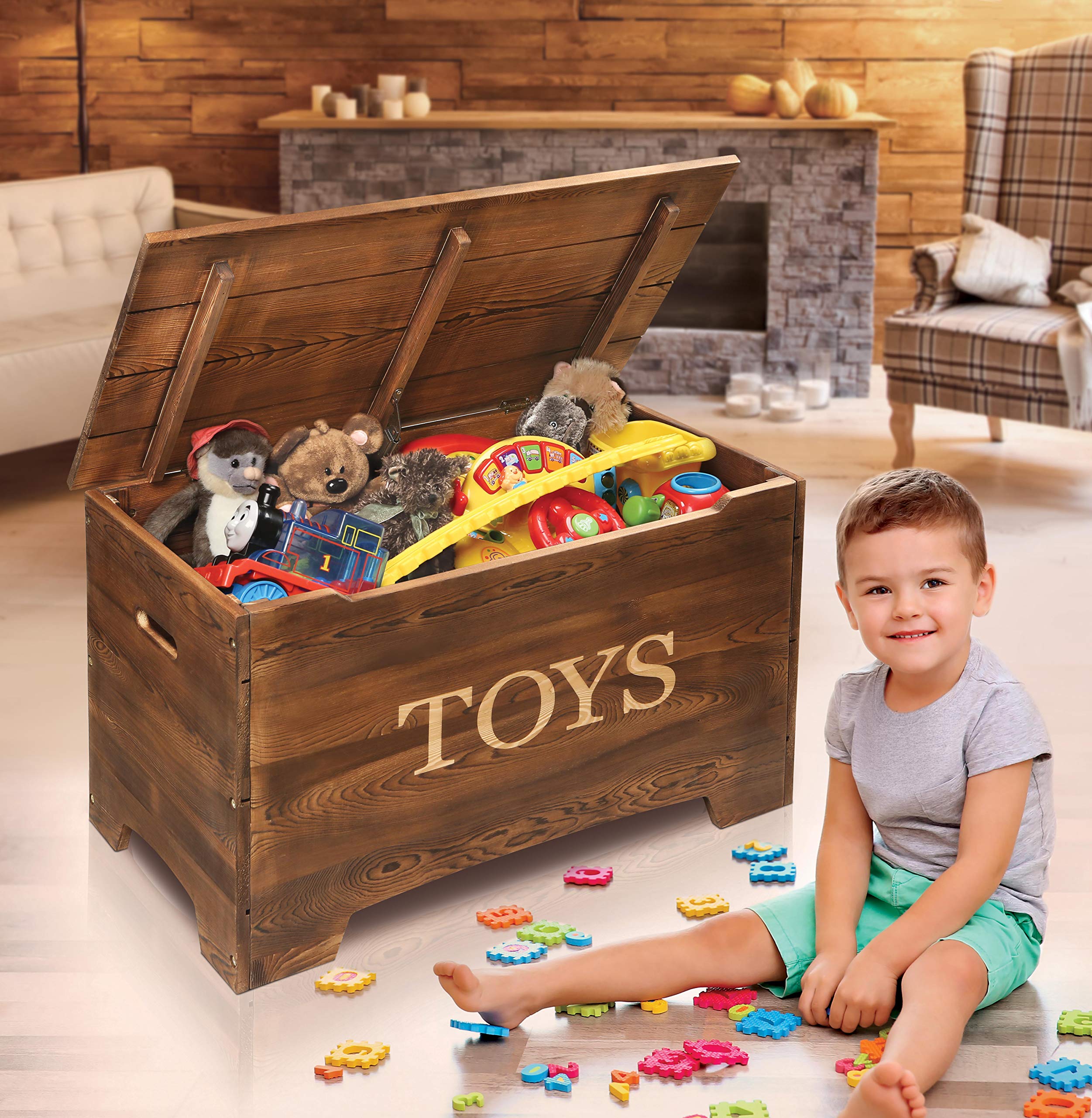 Badger Basket Farmhouse Solid Wood Rustic Toy Box with Reversible "Toys" Panel - Caramel Brown