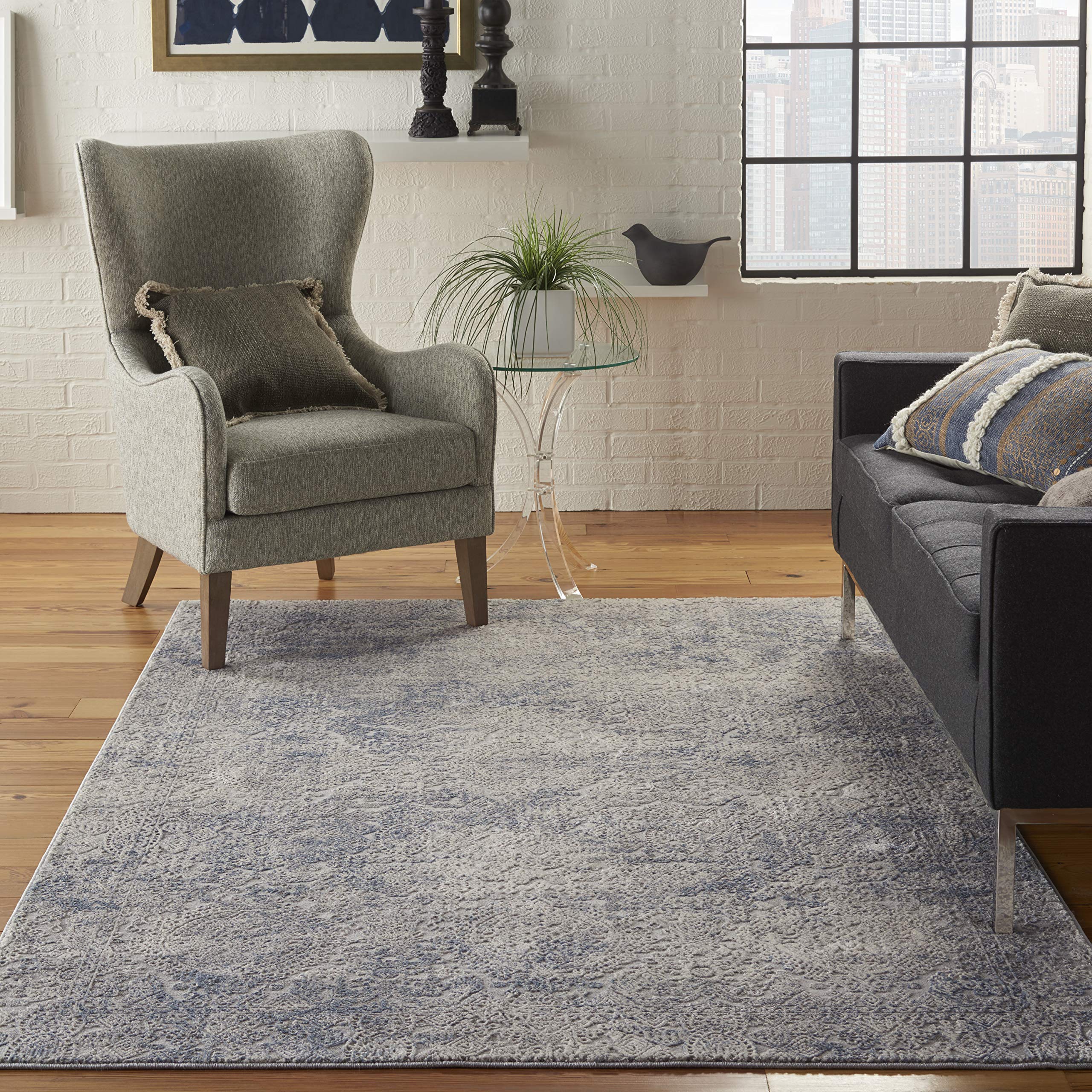 Nourison Rustic Textures Transitional Abstract Ivory/Grey/Blue 5'3" x 7'3" Area -Rug, Easy -Cleaning, Non Shedding, Bed Room, Living Room, Dining Room, Kitchen(5' x 7')