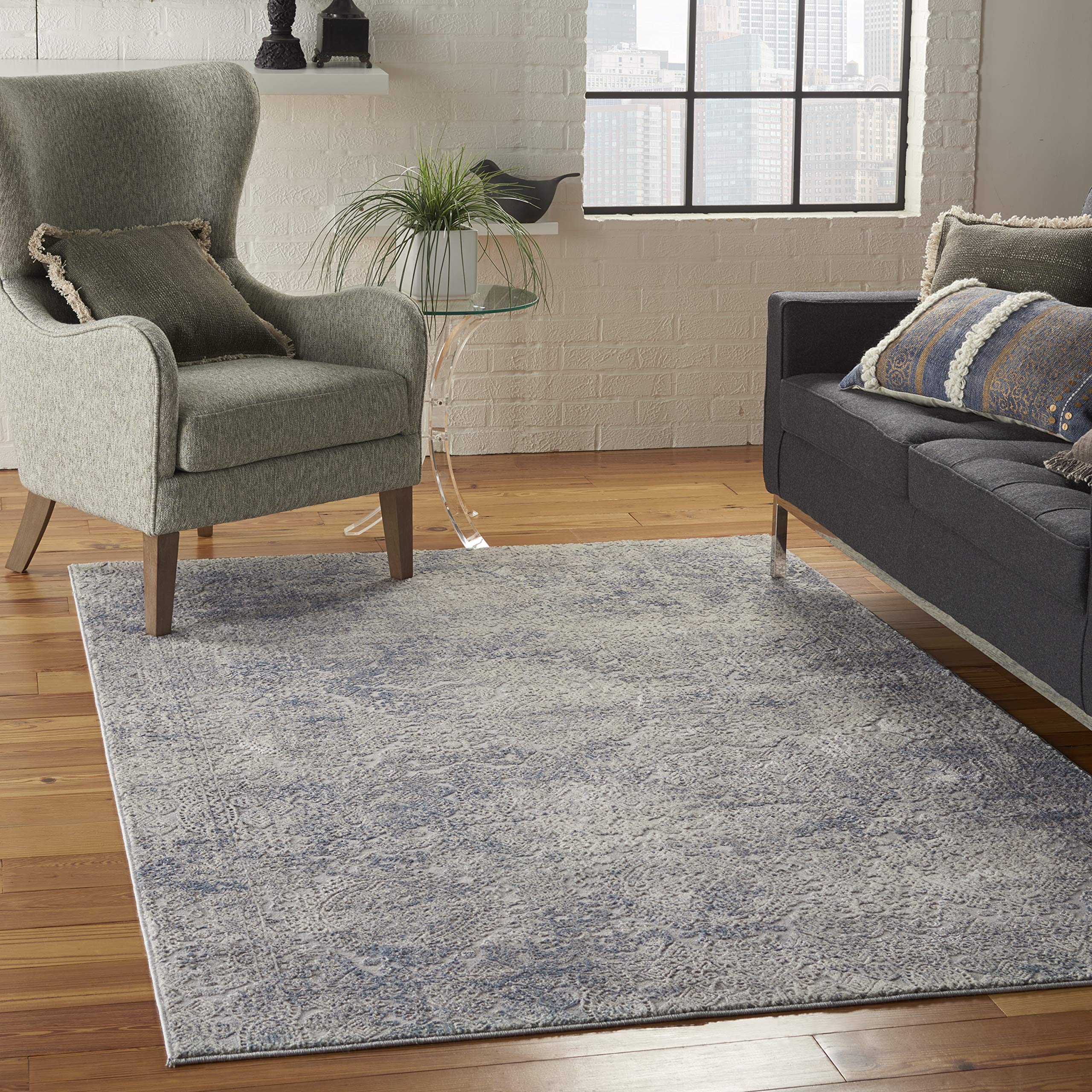 Nourison Rustic Textures Transitional Abstract Ivory/Grey/Blue 5'3" x 7'3" Area -Rug, Easy -Cleaning, Non Shedding, Bed Room, Living Room, Dining Room, Kitchen(5' x 7')