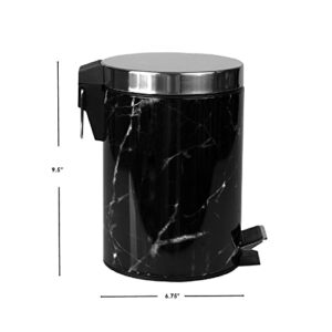 Mini Modern Black Marble & Silver Round Step Trash Can by Home Basics | 3 Liter Compact Garbage Bin with Removable Liner Bucket and Handle for Bathroom, Office, or Powder Room