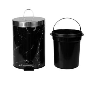 Mini Modern Black Marble & Silver Round Step Trash Can by Home Basics | 3 Liter Compact Garbage Bin with Removable Liner Bucket and Handle for Bathroom, Office, or Powder Room