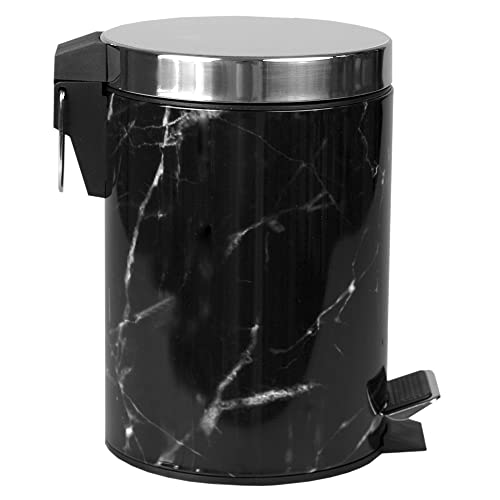 Mini Modern Black Marble & Silver Round Step Trash Can by Home Basics | 3 Liter Compact Garbage Bin with Removable Liner Bucket and Handle for Bathroom, Office, or Powder Room