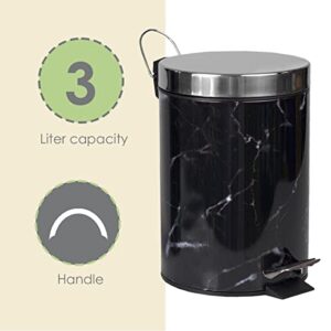 Mini Modern Black Marble & Silver Round Step Trash Can by Home Basics | 3 Liter Compact Garbage Bin with Removable Liner Bucket and Handle for Bathroom, Office, or Powder Room