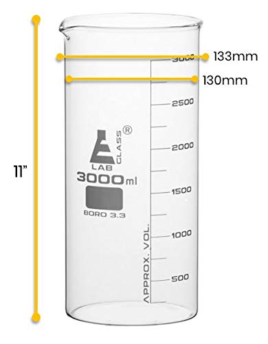 EISCO Beaker, 3000ml - Tall Form with Spout - White, 250ml Graduations - Borosilicate 3.3 Glass