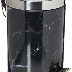 Mini Modern Black Marble & Silver Round Step Trash Can by Home Basics | 3 Liter Compact Garbage Bin with Removable Liner Bucket and Handle for Bathroom, Office, or Powder Room