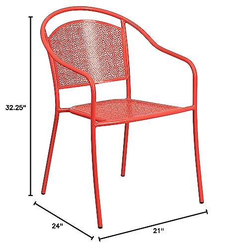 EMMA + OLIVER Commercial Grade Coral Indoor-Outdoor Steel Patio Arm Chair with Round Back