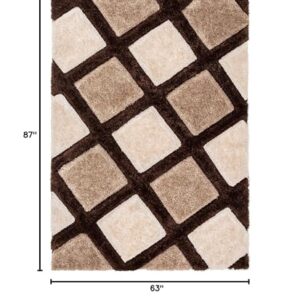 Well Woven Parker Brown Geometric Boxes Thick Soft Plush 3D Textured Shag Area Rug (5'3" x 7'3")