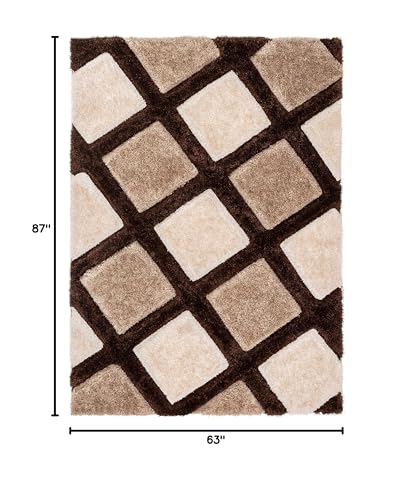 Well Woven Parker Brown Geometric Boxes Thick Soft Plush 3D Textured Shag Area Rug (5'3" x 7'3")