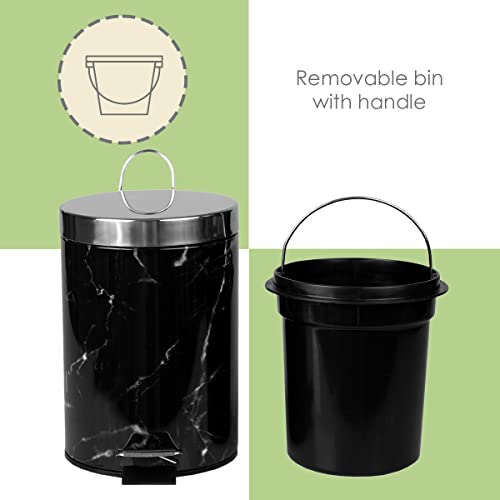 Mini Modern Black Marble & Silver Round Step Trash Can by Home Basics | 3 Liter Compact Garbage Bin with Removable Liner Bucket and Handle for Bathroom, Office, or Powder Room