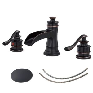 bwe 3 hole widespread bathroom faucet 8“ oil rubbed bronze farmhouse waterfall pop up drain stopper assembly with overflow and supply line lead-free two handle bath lavatory sink orb mixer tap