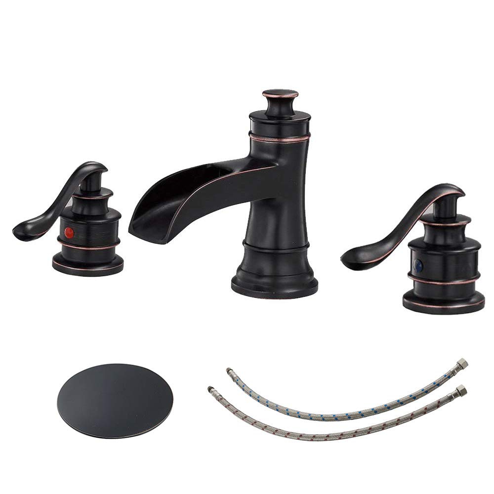 BWE 3 Hole Widespread Bathroom Faucet 8“ Oil Rubbed Bronze Farmhouse Waterfall Pop Up Drain Stopper Assembly with Overflow and Supply Line Lead-Free Two Handle Bath Lavatory Sink ORB Mixer Tap