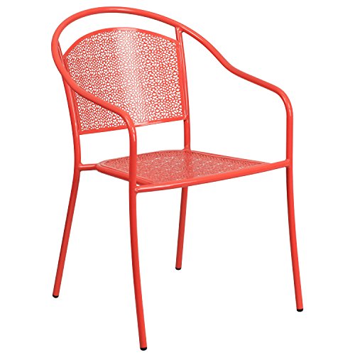 EMMA + OLIVER Commercial Grade Coral Indoor-Outdoor Steel Patio Arm Chair with Round Back