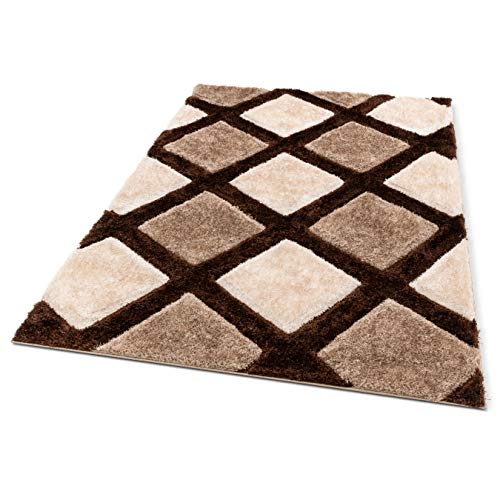 Well Woven Parker Brown Geometric Boxes Thick Soft Plush 3D Textured Shag Area Rug (5'3" x 7'3")