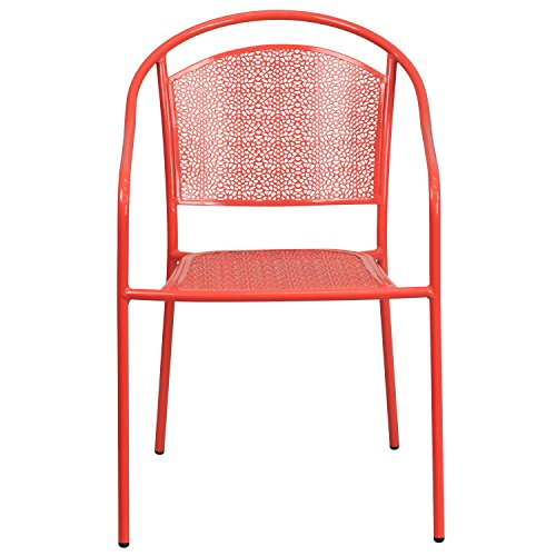 EMMA + OLIVER Commercial Grade Coral Indoor-Outdoor Steel Patio Arm Chair with Round Back