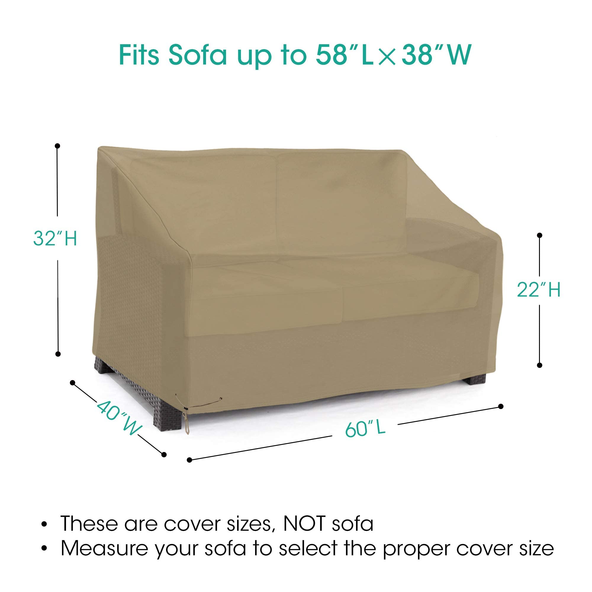 SunPatio Waterproof Patio Sofa Covers, Heavy Duty Outdoor Furniture Covers, Deep Seated Loveseat Covers with Air Vent/Closure Straps/Drawstrings, All Weather Protection, 60" L x 40" W x 32" H, Taupe