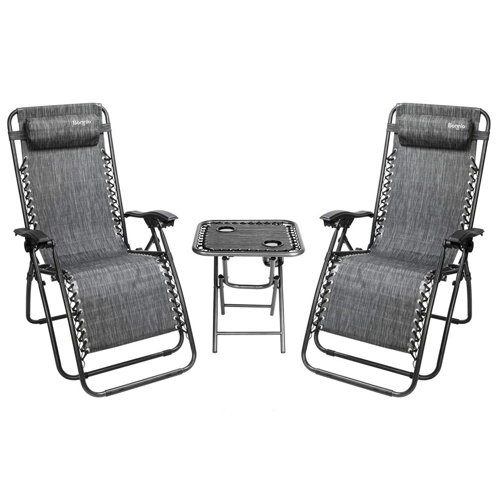 Bonnlo Zero Gravity Chair Set of 2 with Side Table, Reclining Outdoor Chair Patio Folding Lounge Chair Foldable Chairs Outdoor Recliner (Grey)