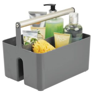 mdesign plastic shower caddy storage organizer utility tote, divided basket bin - metal handle for bathroom, dorm, kitchen, holds soap, shampoo, conditioner - aura collection - dark gray/matte satin