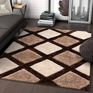 Well Woven Parker Brown Geometric Boxes Thick Soft Plush 3D Textured Shag Area Rug (5'3" x 7'3")