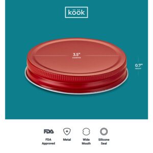 Kook Mason Jar Lids, Wide Mouth, for Wide Mouth Mason Jars, Leak Free, Airtight Silicone Seal, Made in USA, Set of 12, Red