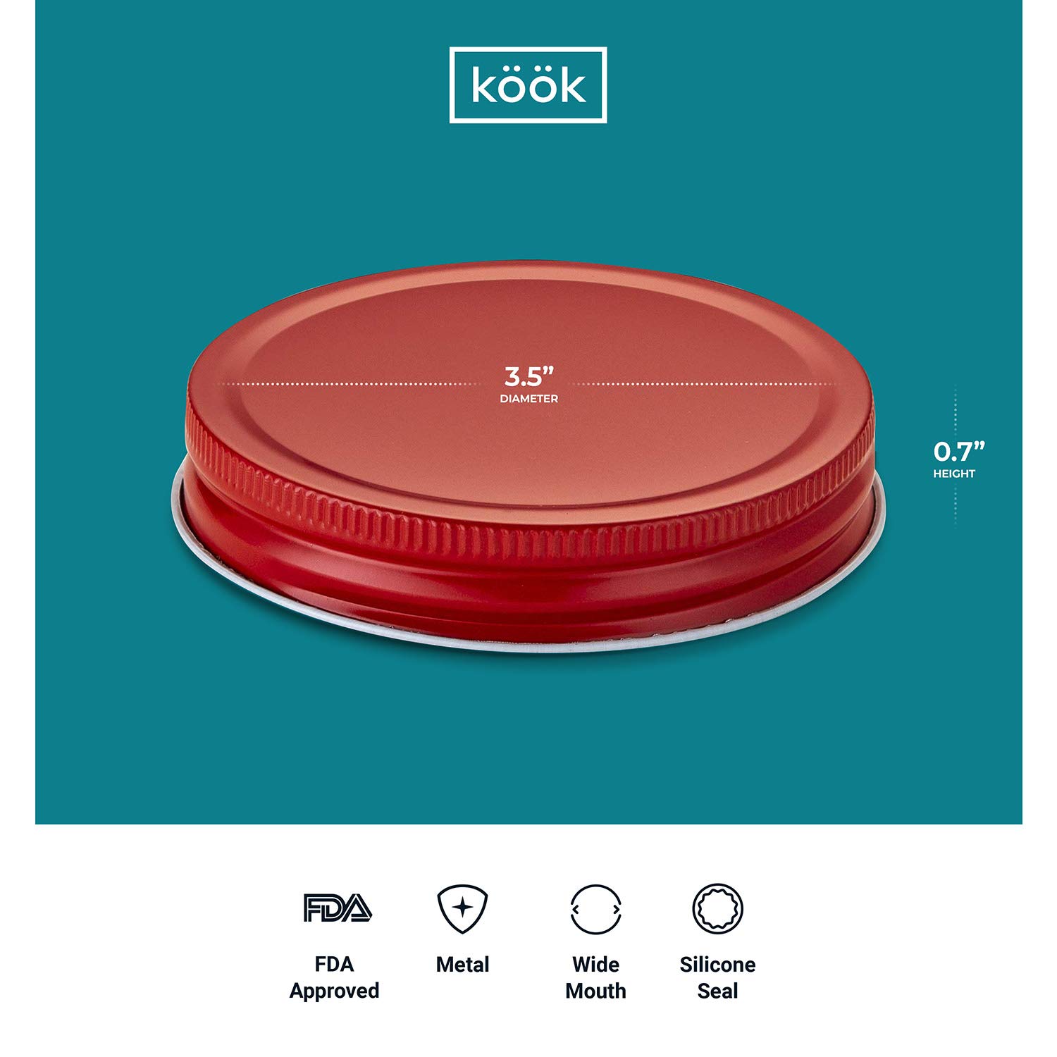 Kook Mason Jar Lids, Wide Mouth, for Wide Mouth Mason Jars, Leak Free, Airtight Silicone Seal, Made in USA, Set of 12, Red