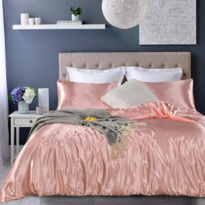 Erosebridal Hotel Pink Duvet Cover Queen Silk Like Satin Bedding Set Summer Reversible Quilt Comforter Cover Honeymoon Sexy Luxury Soft Lightweight Brushed Bedspreads for Farmhouse Room Decor