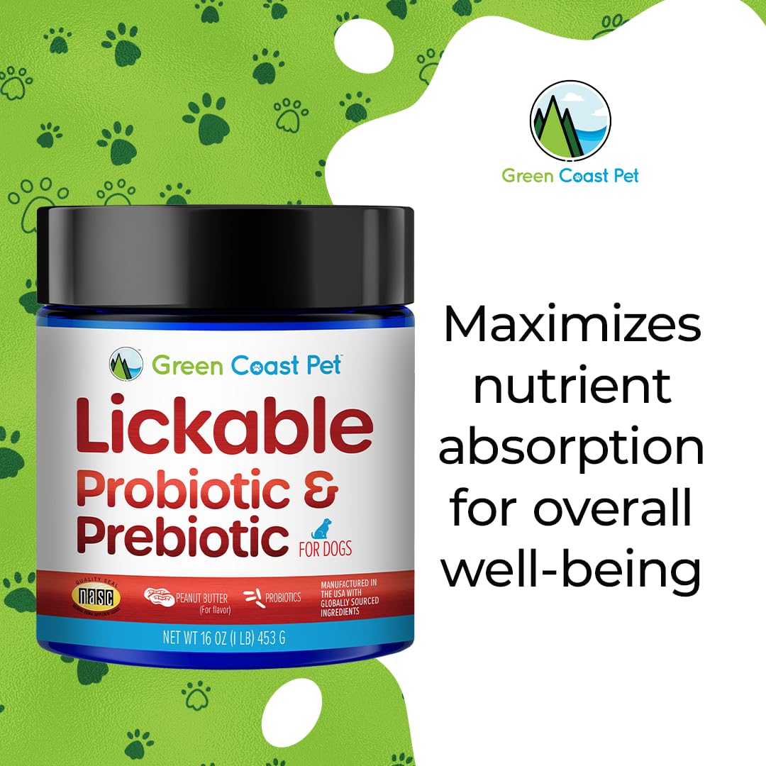 Green Coast Pet Lickable Actives Probiotic & Prebiotic Supplement for Dogs, 16 oz | Made in USA | 30 Day Supply