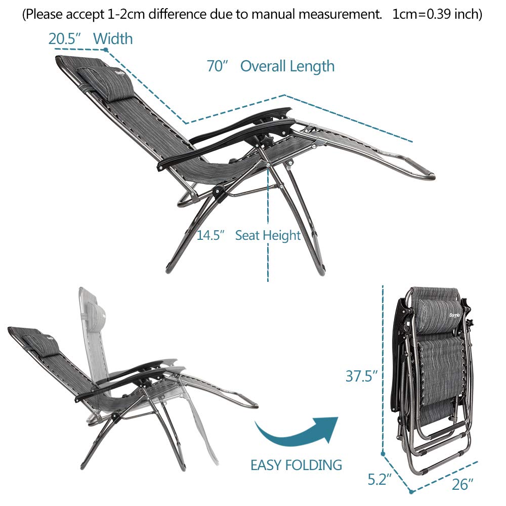 Bonnlo Zero Gravity Chair Set of 2 with Side Table, Reclining Outdoor Chair Patio Folding Lounge Chair Foldable Chairs Outdoor Recliner (Grey)