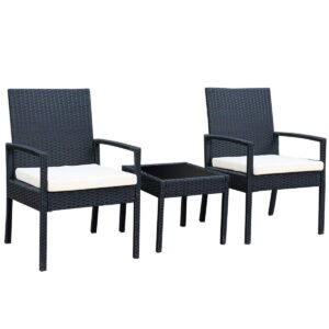 ReunionG 3 Piece Conversation Wicker Rattan Outdoor Patio Furniture Set with 2 Cushioned Chairs & End Table, Black