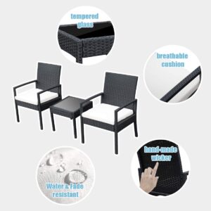 ReunionG 3 Piece Conversation Wicker Rattan Outdoor Patio Furniture Set with 2 Cushioned Chairs & End Table, Black