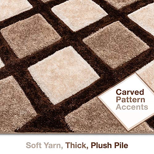 Well Woven Parker Brown Geometric Boxes Thick Soft Plush 3D Textured Shag Area Rug (5'3" x 7'3")