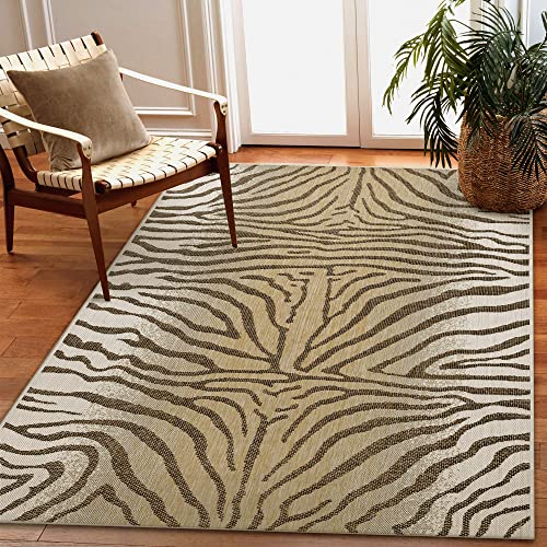 Liora Manne CARMEL Indoor/Outdoor Power Loomed Synthetic Blend Low Profile Area Rug - Transitional Graphic Casual Nature Animal Print (Zebra Sand) (7'10" x 9'10")