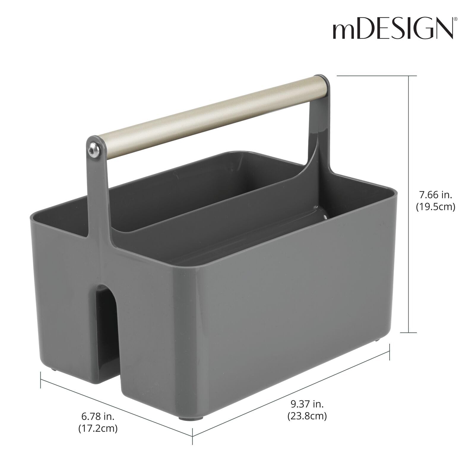 mDesign Plastic Shower Caddy Storage Organizer Utility Tote, Divided Basket Bin - Metal Handle for Bathroom, Dorm, Kitchen, Holds Soap, Shampoo, Conditioner - Aura Collection - Dark Gray/Matte Satin