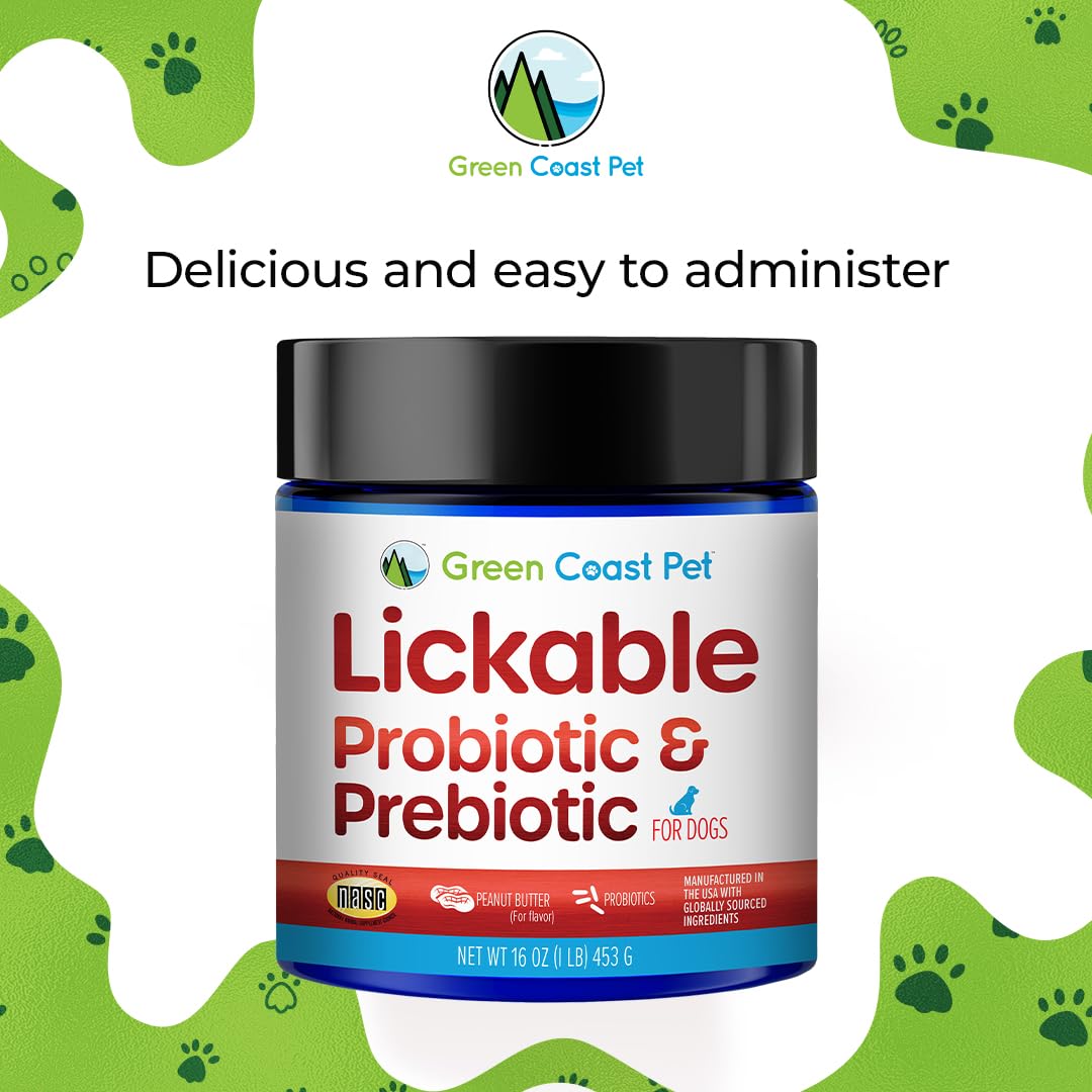 Green Coast Pet Lickable Actives Probiotic & Prebiotic Supplement for Dogs, 16 oz | Made in USA | 30 Day Supply