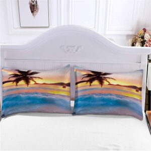 Ocean Duvet Cover Set Queen Size, Tropical Island with The Palm Trees and Sea Beach Nature Theme Print, A Decorative 3 Piece Bedding Set with 2 Pillow Shams, Turquoise Blue