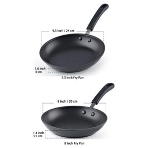 Cook N Home Nonstick Sauté Fry Pan Professional Hard Anodized (8 and 9.5 inch) 2 Piece Skillets Cookware Sets, Black