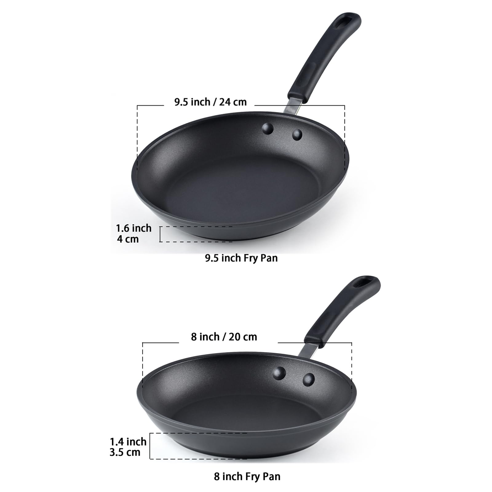 Cook N Home Nonstick Sauté Fry Pan Professional Hard Anodized (8 and 9.5 inch) 2 Piece Skillets Cookware Sets, Black