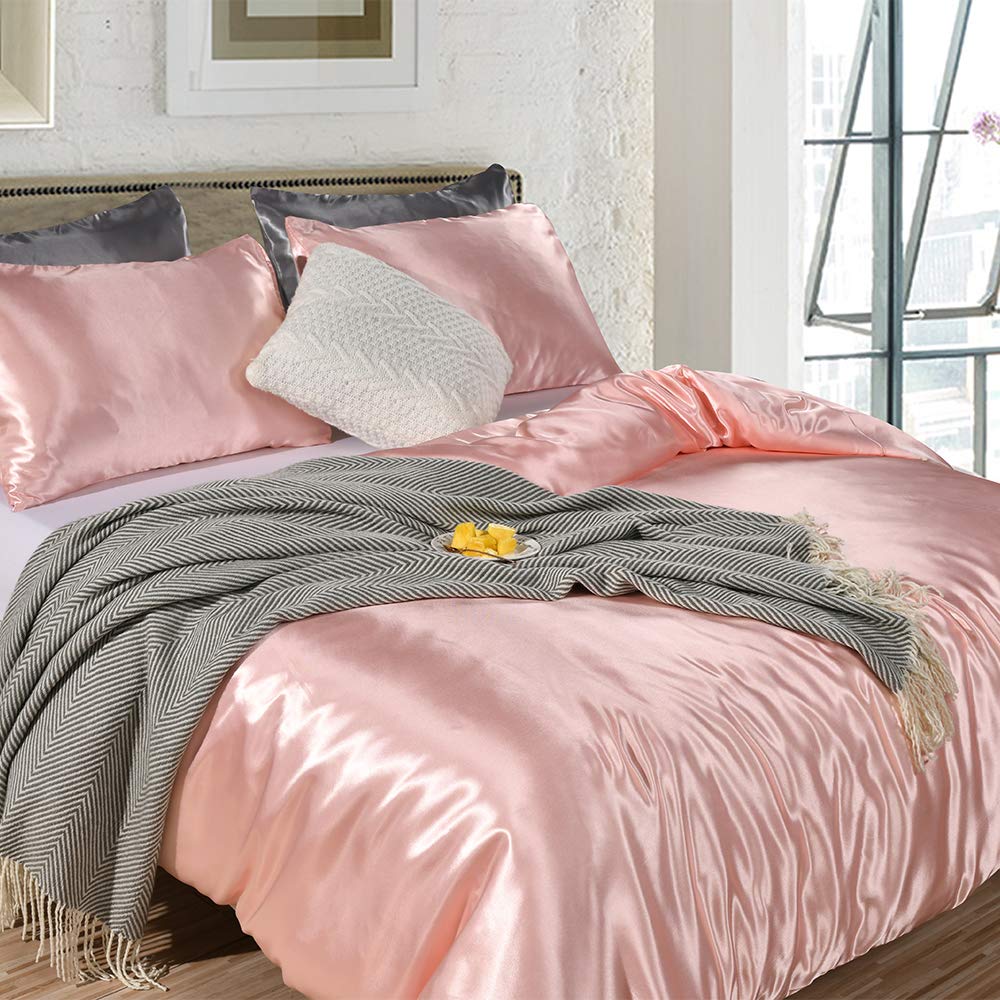 Erosebridal Hotel Pink Duvet Cover Queen Silk Like Satin Bedding Set Summer Reversible Quilt Comforter Cover Honeymoon Sexy Luxury Soft Lightweight Brushed Bedspreads for Farmhouse Room Decor