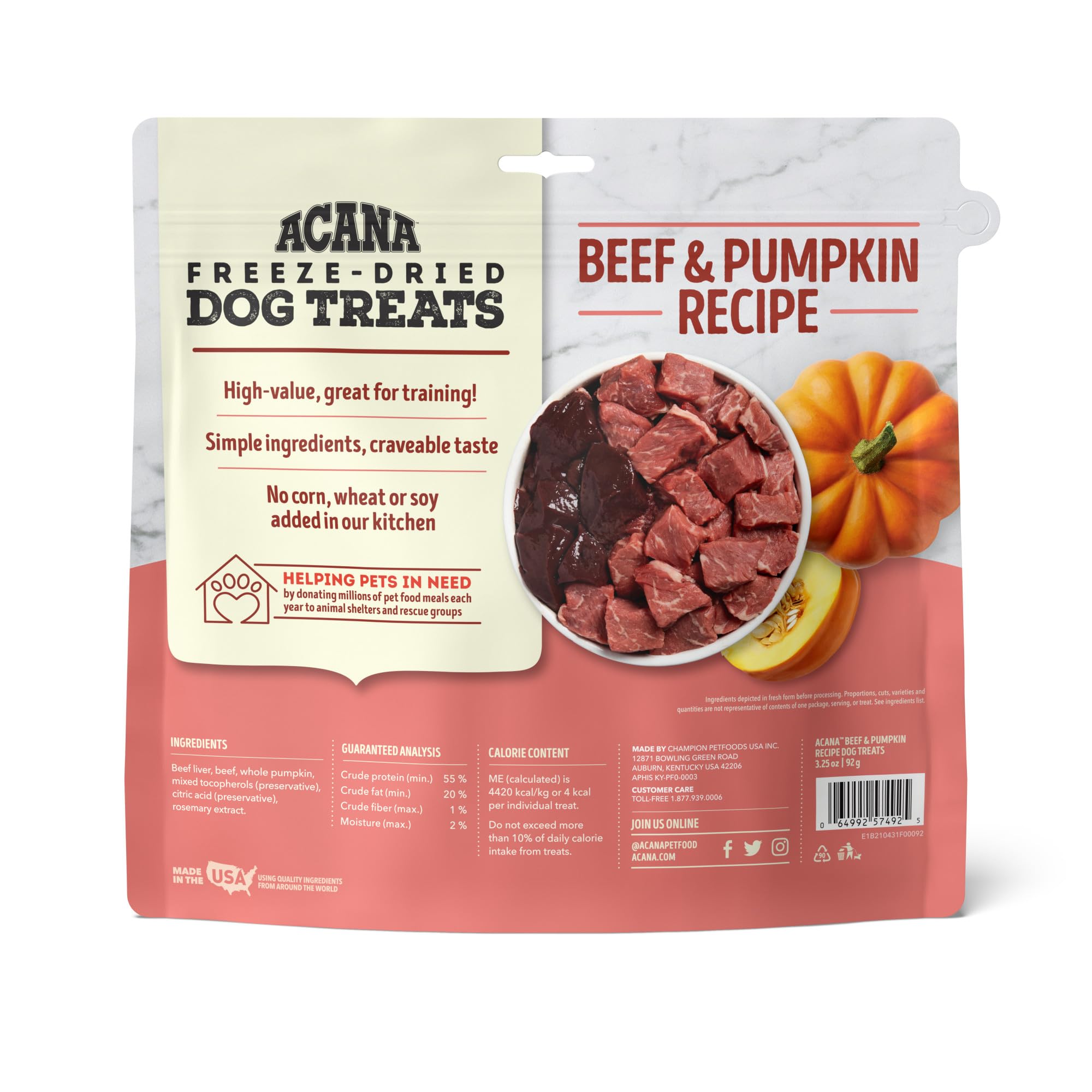 ACANA Singles Freeze Dried Dog Treats, Limited Ingredient Grain Free Beef & Pumpkin Recipe, 3.25oz