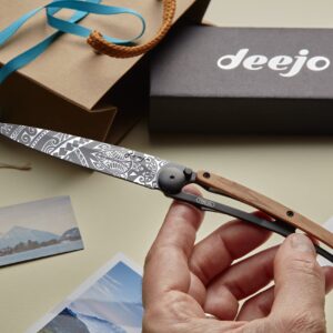 deejo Ultra Lightweight Folding Pocket Knife with Belt Clip - Coral Wood Version 1.3 oz - Fine, Sharp Blade - Polynesian Pattern - Stainless Steel - Elegant and Modern Design