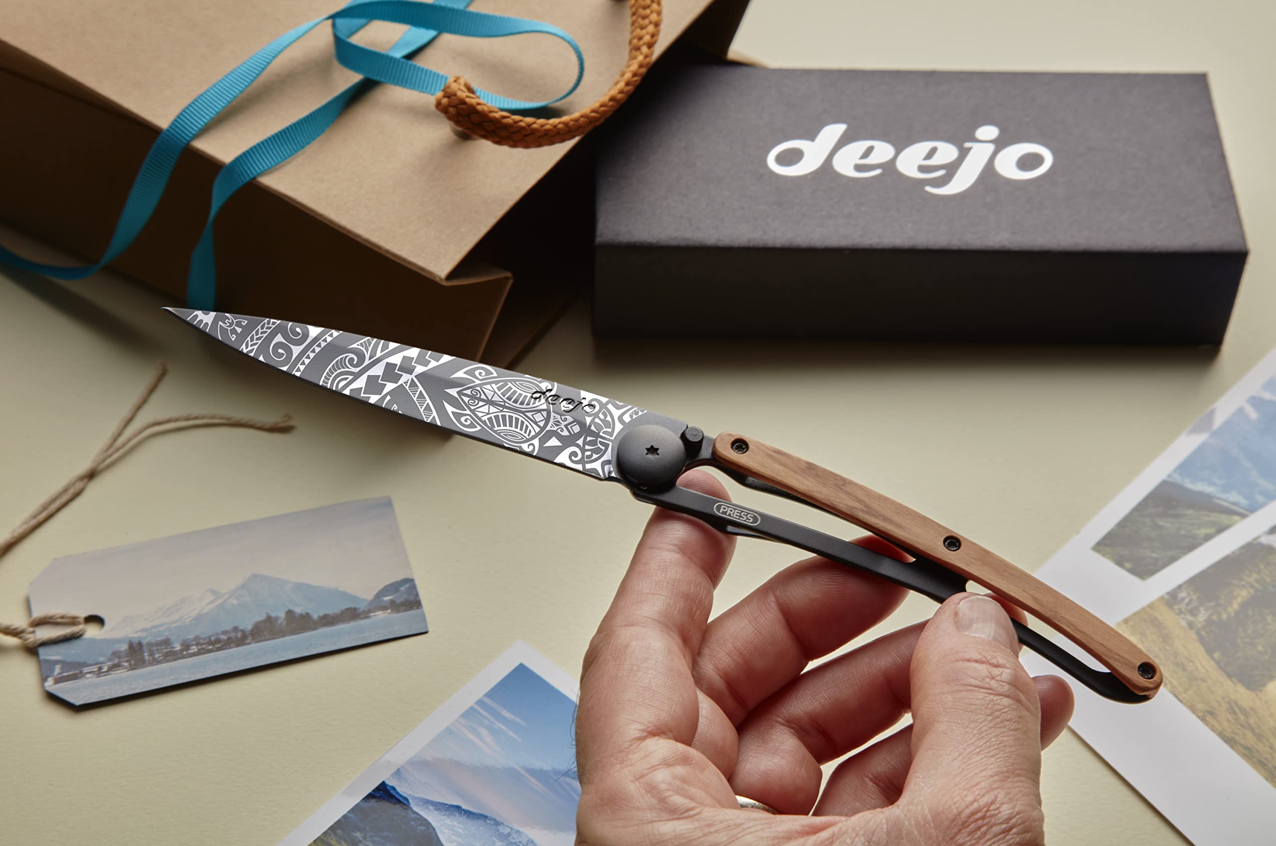 deejo Ultra Lightweight Folding Pocket Knife with Belt Clip - Coral Wood Version 1.3 oz - Fine, Sharp Blade - Polynesian Pattern - Stainless Steel - Elegant and Modern Design